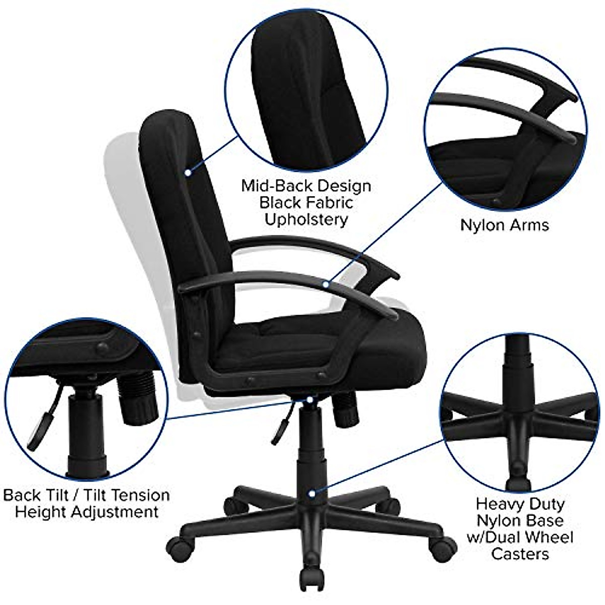 Flash Furniture Mid-Back Black Fabric Executive Swivel Office Chair with Nylon Arms