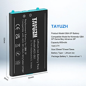 TAYUZH Battery for Game Boy Advance SP, 1000mAh Rechargeable Lithium-ion Battery for Nintendo Gameboy Advance SP GBA SP AGS-001, SAM-003