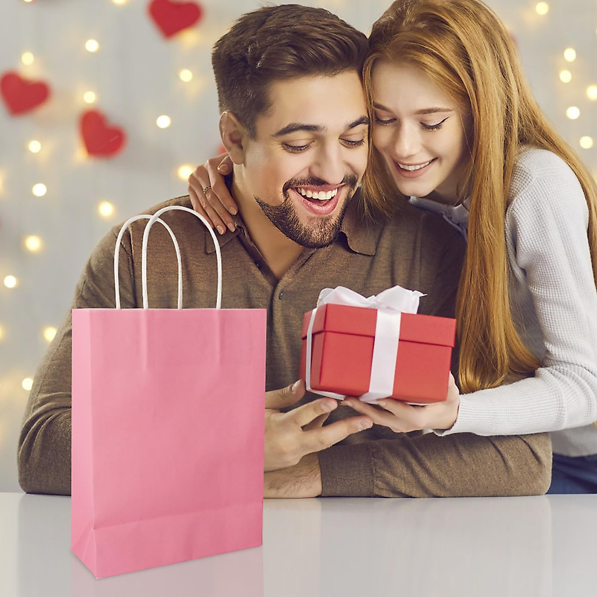 YADIAN 12 Pieces Kraft Paper Party Favor Gift Bags with Handle, Pink Gift Bags Small Size for Halloween, Christmas, Birthday, Wedding and Party Celebrations