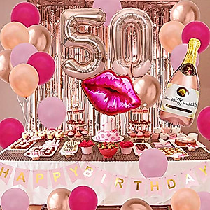 50th Birthday Decorations Women Rose Gold Hot Pink 50 and Fabulous Birthday Decor Cheers to 50 Years Rose Gold Happy Birthday Banner Curtain 50 Balloon Number Fifty Party Decor Lips Bottle Balloon