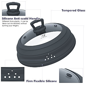 Microwave Splatter Cover Vented Glass Cover Splatter Guard Lid with Collapsible Silicone for Food as Pot Cover Plate Cover 10.5 inch for 6 7 8 9 10 inch Plate Bowl