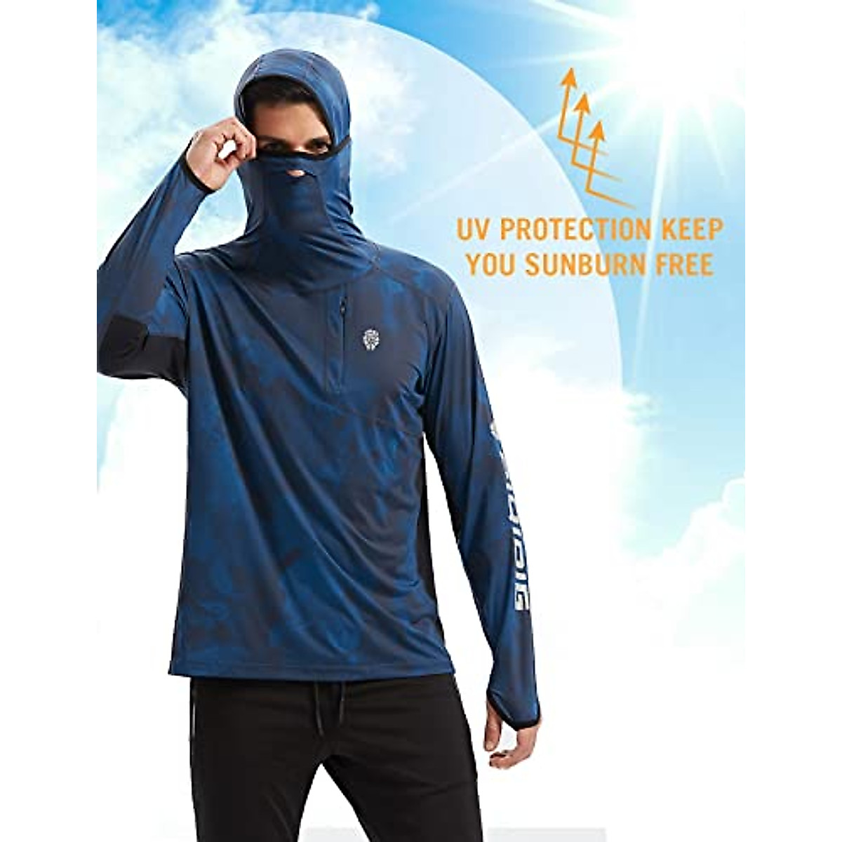 PIQIDIG Men's Sun Protection Hoodie Shirts UPF 50+ Long Sleeve Rash Guard Performance Athletic Running Hiking T-Shirt Blue camo M