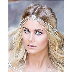 Missgrace Women Dainty Bohemian Rhinestones Gold Silver Head Chain Hair Accessories for Bridal and Girls (Gold)