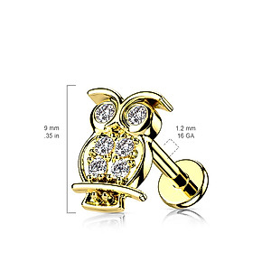 Dynamique CZ Paved Owl Top On Internally Threaded 316L Surgical Steel Flat Back Stud For Labret, Monroe, Cartilage (Sold Per Piece)