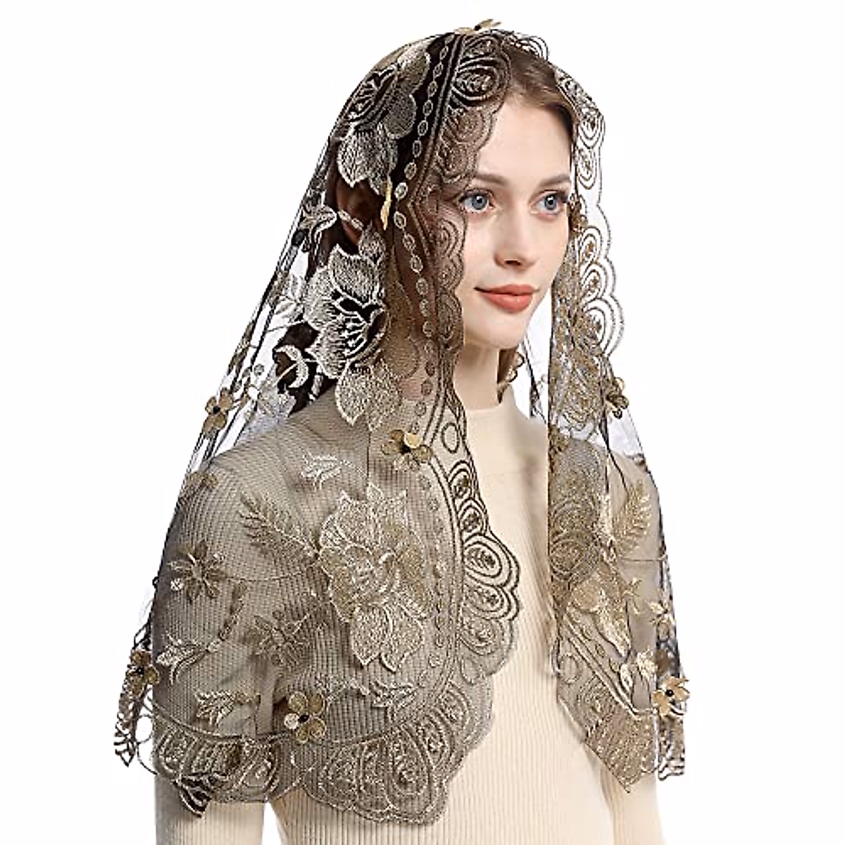 Bozidol Catholic Chapel Mantilla Veil Spanish Lace Head Covering Church Mass Veil for Religious Christian (Black-Gold)