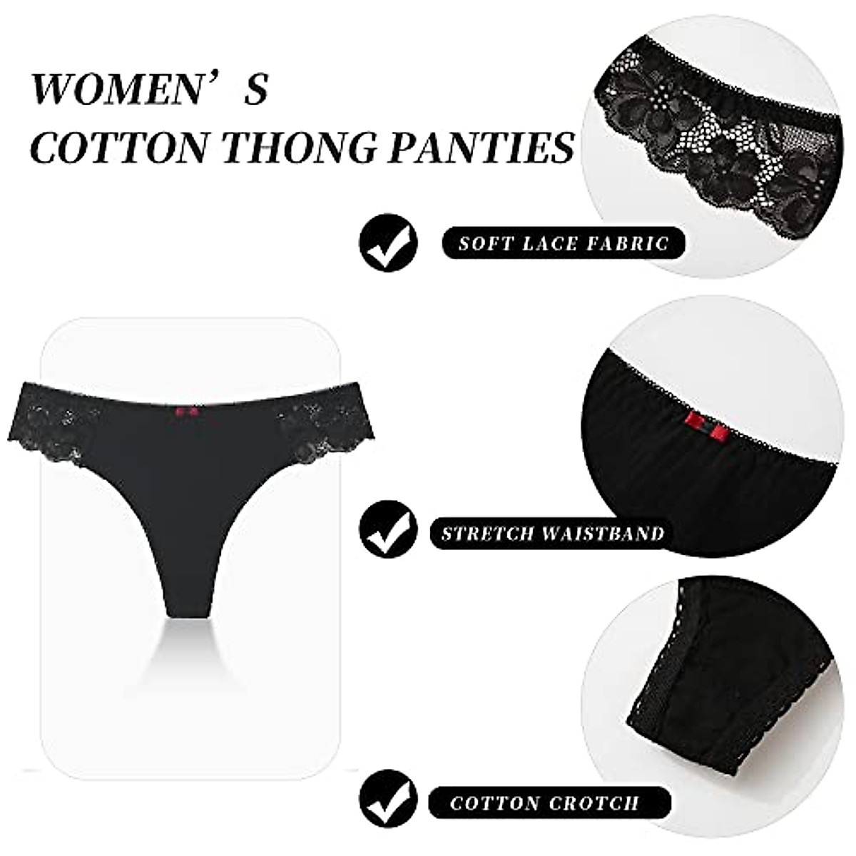 LEVAO Cotton Thongs for Women, Sexy Lace Trim G String Panties Soft Underwear Pack of 3,M