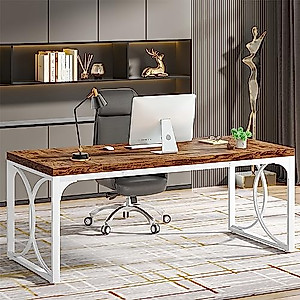 Tribesigns 63" Executive Desk, Large Office Computer Desk with Strong Metal Frame, Modern Thicken Wood Workstation Business Furniture for Home Office, Easy Assembly (Walnut & White)