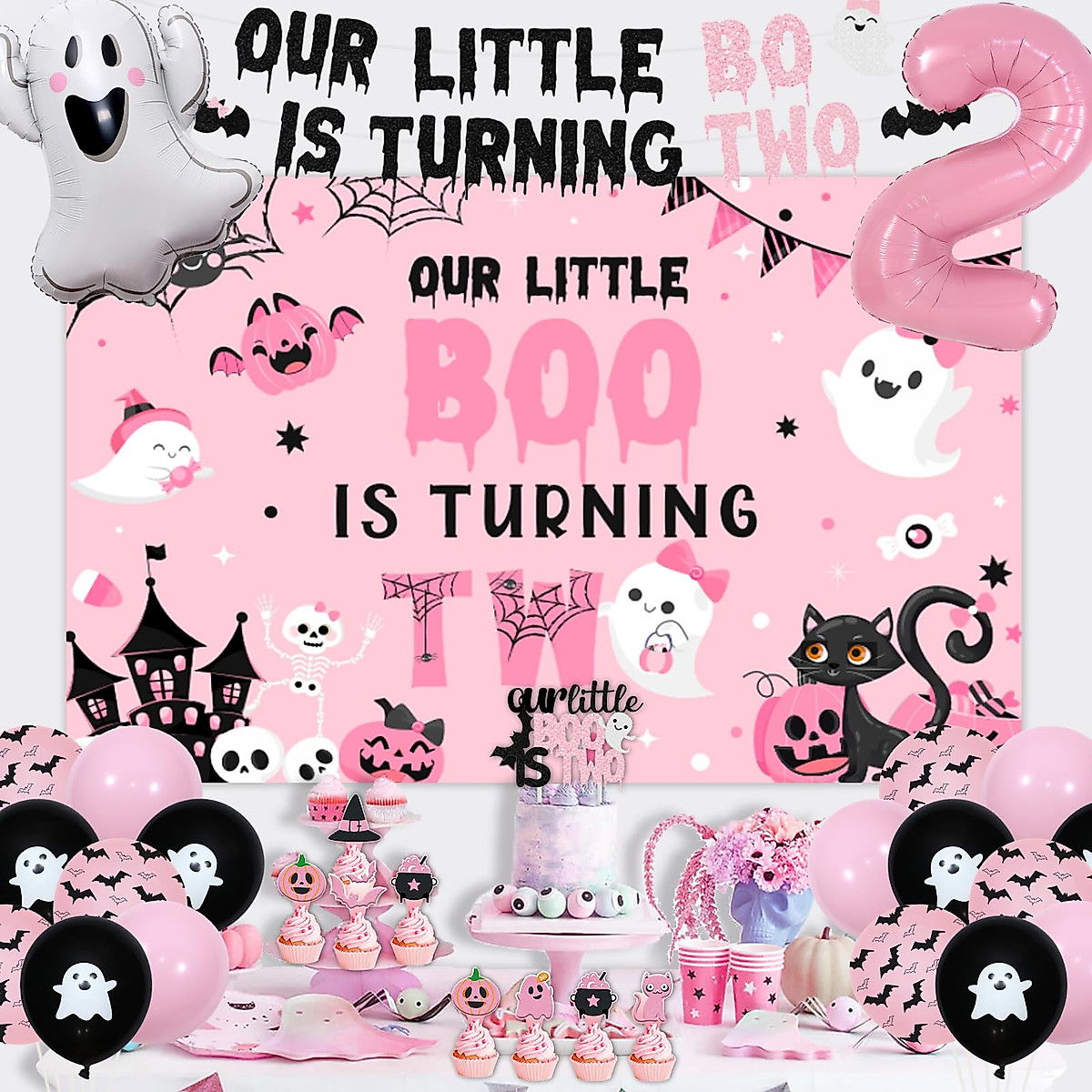 Fangleland Halloween Girls 2nd Birthday Decorations - Our Little Boo Is Turning Two Second Birthday Party Supplies for 2 Year Old Girl - Ghost Bat Backdrop Balloons Cake Topper Pink and Black