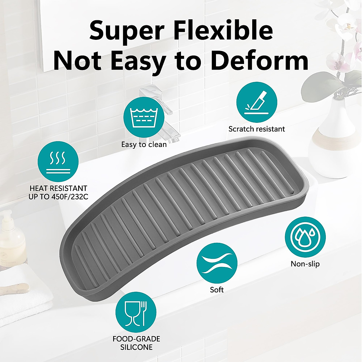 silicone sponge holder - dish soap holder for kitchen counter 2 Pack, Waterproof sponge soap tray for kitchen sink bathroom, Multipurpose sink caddy organizer for soap dispenser Scrubbers Makeup Gray