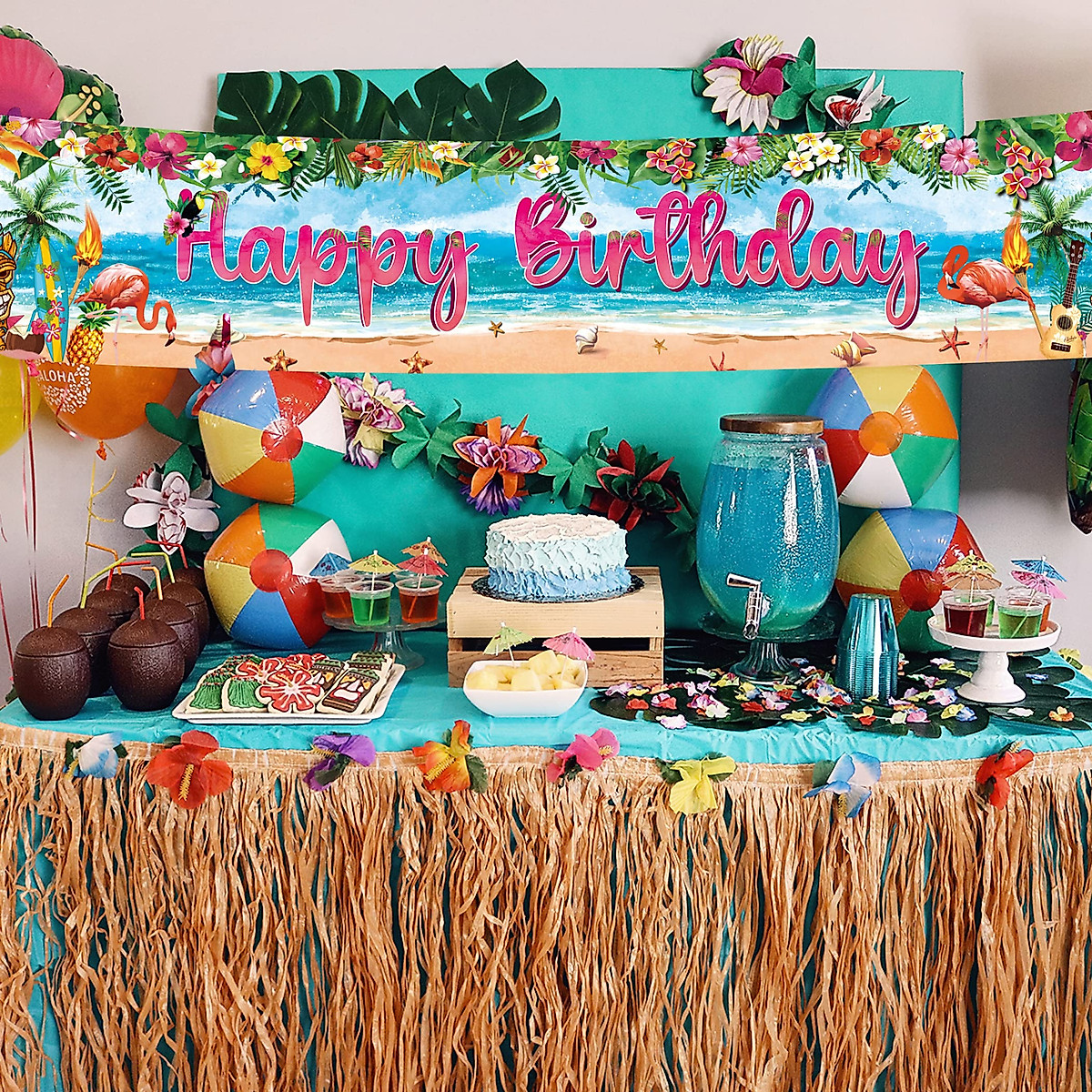 Hawaiian Luau Birthday Party Decoration Banner, Aloha Tropical Flamingo Birthday Party Supplies Yard Sign, Luau Party Birthday Party Background for Indoor Outdoor Decoration (Rose Red)