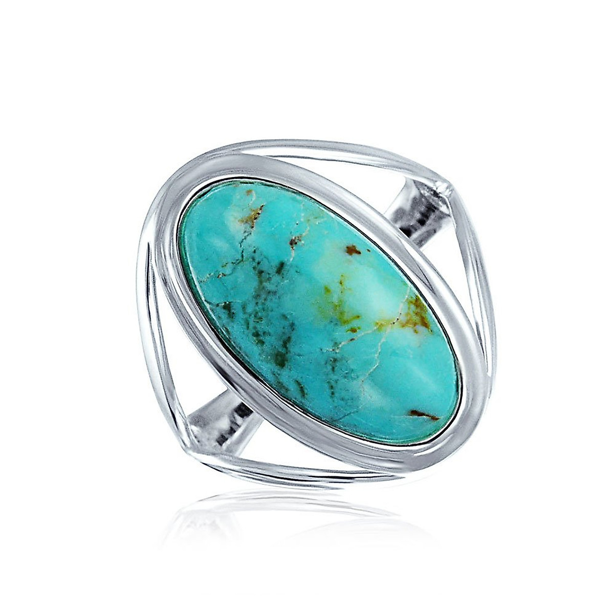 Simple Southwest Boho Style Large Dome Oval Cabochon Gemstone Bezel Set Blue Turquoise Western Statement Ring For Women Split Band .925 Sterling Silver