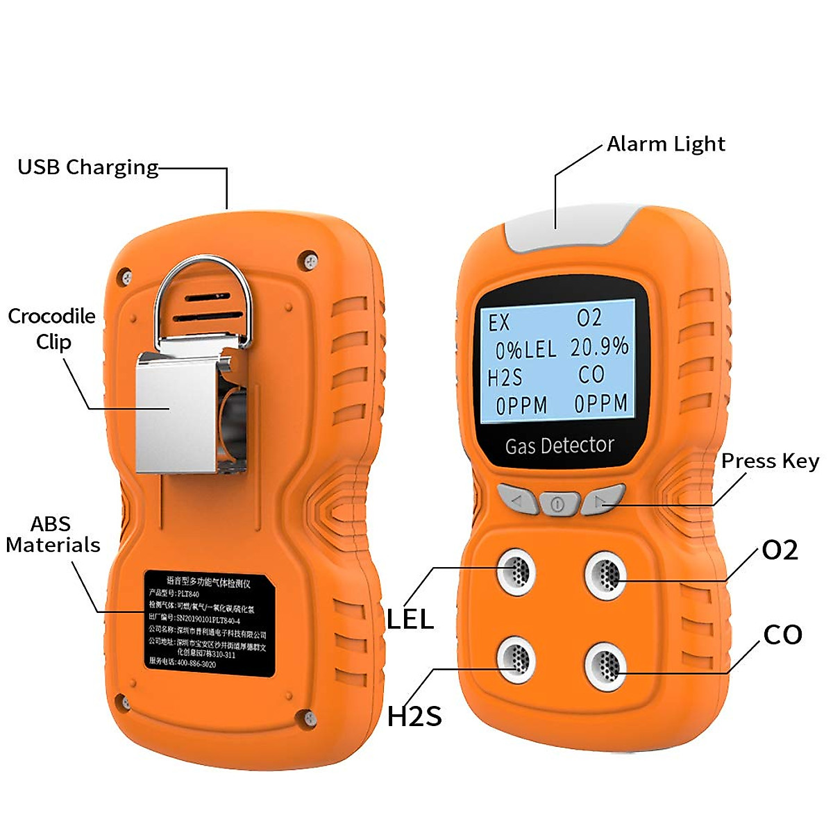 XLA Alert Portable Gas Detector, Gas Clip 4 Gas Monitor Meter Tester Analyzer, Rechargeable LCD Display Sound Light Shock Air Quality Tester, 2 Year Detector…