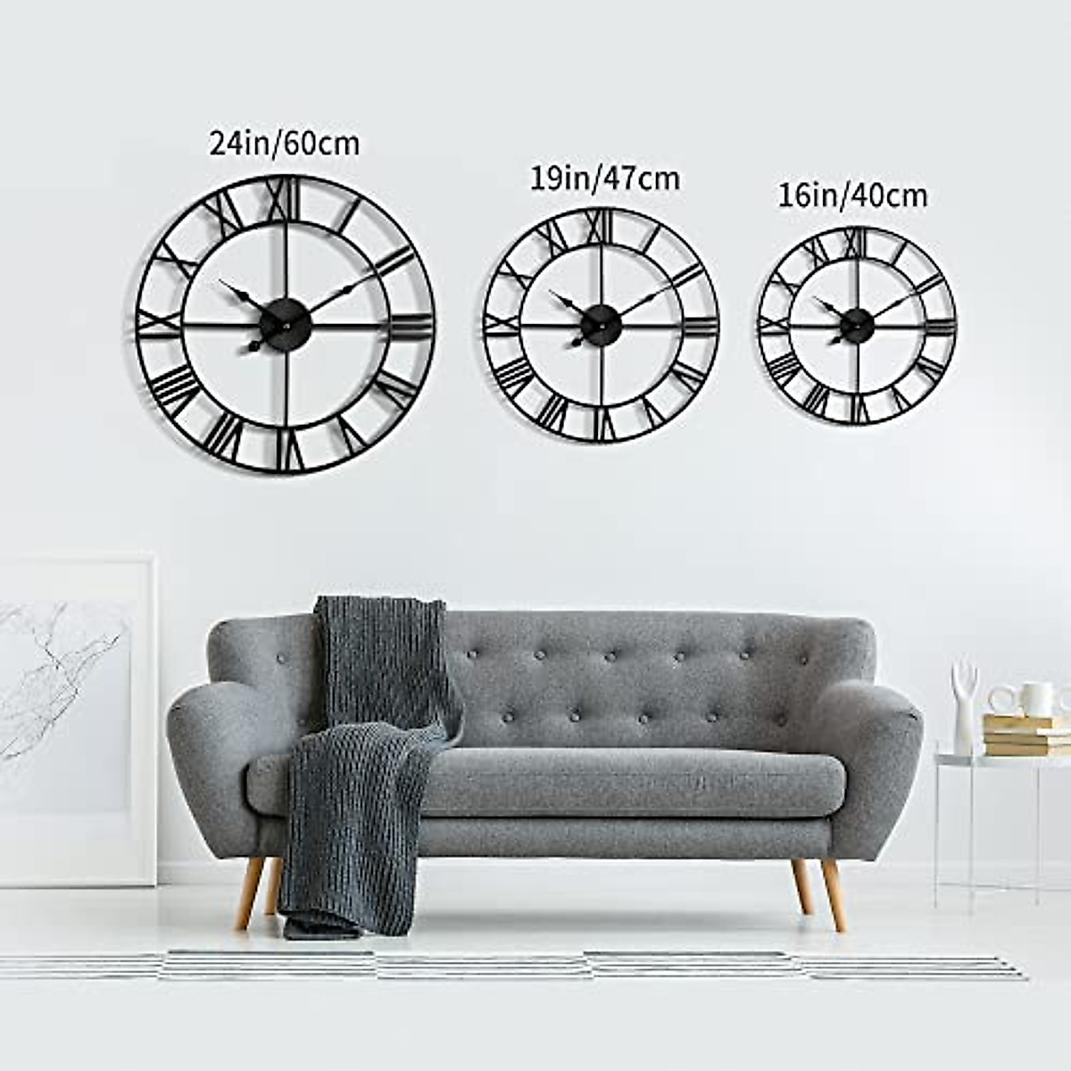 LEIKE Large Modern Metal Wall Clocks 40CM Round Nearly Silent Little Ticking Outdoor Black Roman Numeral Clock for Kitchen,Living Room,Bedroom Wall Decor