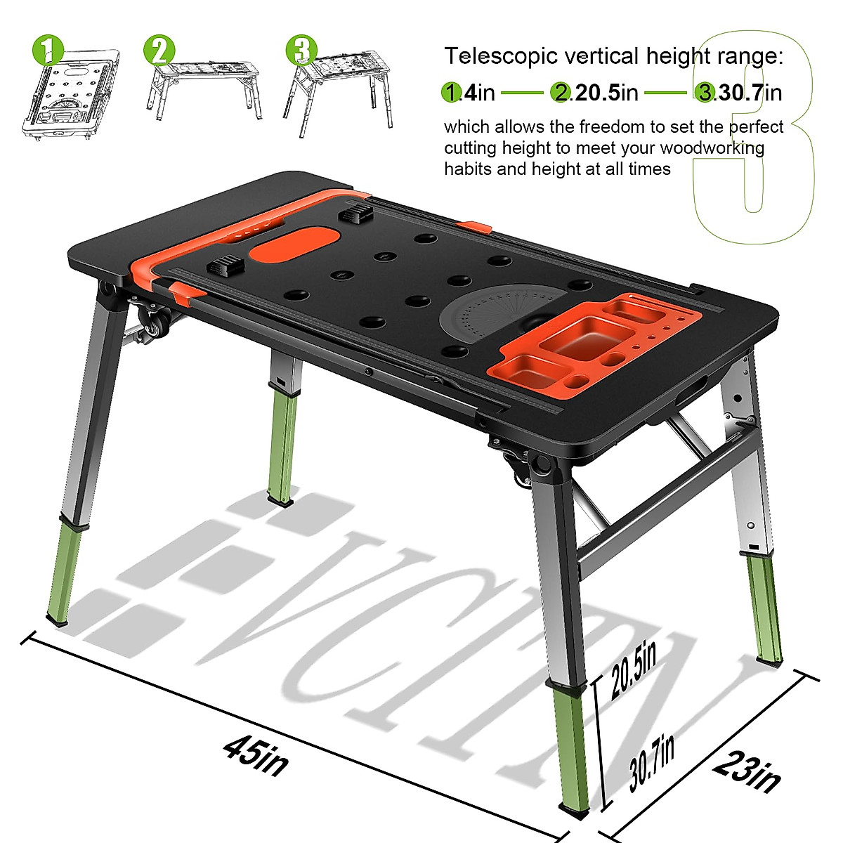 Evcitn Portable Workbench,7-in-1 Work Benches for Garage,45”Folding Work Table,Used as Car Creeper,Sawhorse,Platform,Scaffold,Hand Truck with 4 Wheels,550lbs Load Capacity