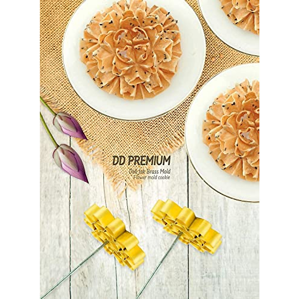 Dok Jok Brass Mold Thai Dessert Maker - Large Rosette Lotus Flower Cookie Mold with Handle Diameter By DDPremium 4.13 Inch