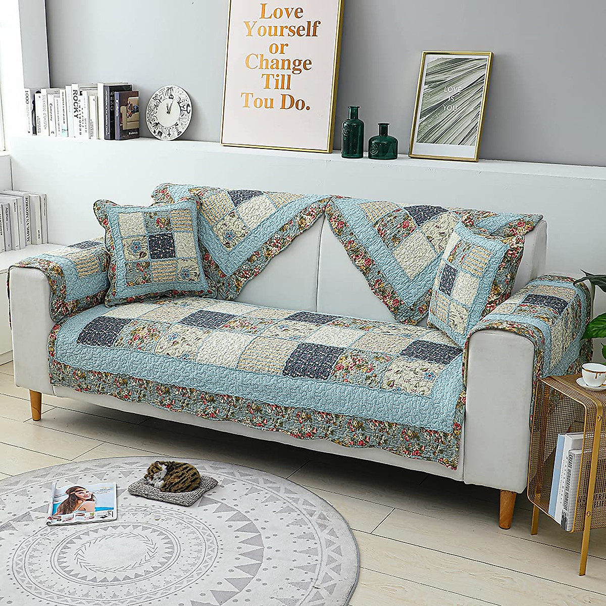 vctops Boho Cotton Patchwork Sofa/Couch Covers Sectional Couch Covers Anti-Slip Sofa Slipcover for Dogs Cats Pet Love Seat Recliner Leather L Shaped, Armrest Backrest Cover (Blue,43"x43")