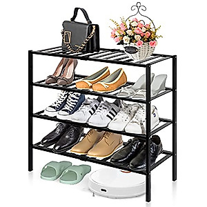 Allinside Bamboo Shoe Rack, 4 Tiers Shoe Storage Organizer, Detachable Durable Shoe Shelf, Shoe Stand for Entryway Closet Bathroom Balcony(Black)