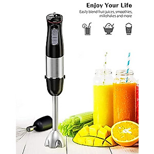 Hand Blender for Kitchen, 500W Immersion Blender 2-in-1 with 6 Speeds and Turbo Setting, Handheld Mixer with Stainless Steel Blades for Smoothie, Baby Food, Sauces, Puree, Soup, BPA Free, Black