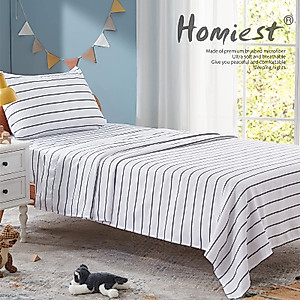Homiest 3pcs White and Black Sheets Twin Size Bed Set Microfiber Sheet Set, Horizontal Stripe Bed Sheets Cute Soft Bedding Set, Deep Pocket Twin Sheets Stripe Printed Sheets for Kids Teen Boys Adults