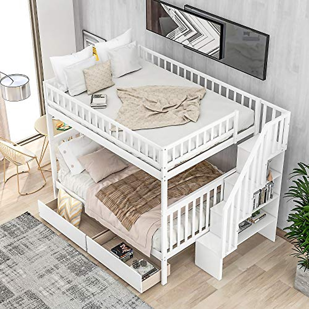 Full Over Full Bunk Beds, Solid Wood Full Bunk Beds with Two Drawers, Inner Bookcase and Stairway for Kids and Teenages, White