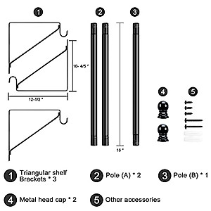 Closet Rod Brackets Heavy Duty with 46” Rod, Closet Shelf Brackets with Rod Holder, Closet Brackets for Both Shelf Storage and Closet Rod, Black Closet Shelf Support Pole Holder, 3 Pack