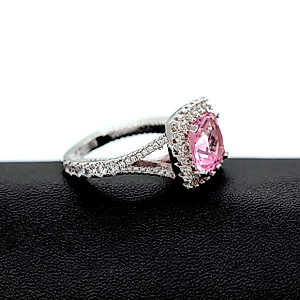Uloveido Women's Silver Color 3 Carats Cushion Cut CZ Elegant Ring Big Pink Crystal Square Wedding Engagement Bridal Rings Halo Y586 (Size 7)