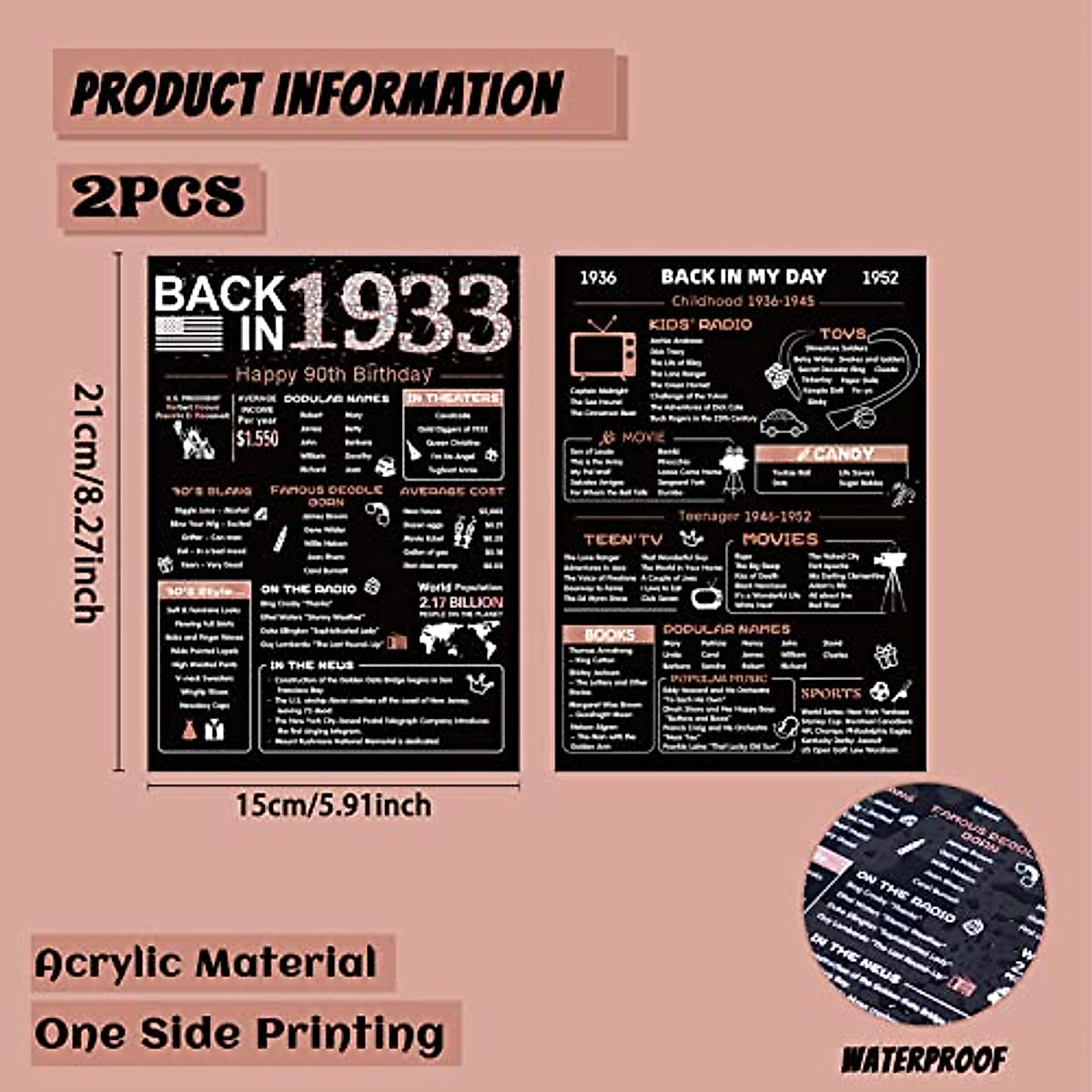 Crenics Rose Gold 90th Birthday Decorations for Women, 2 Pieces Back in 1933 Birthday Poster with Stand, 1933 90th Birthday Gifts Table Centerpieces Party Supplies