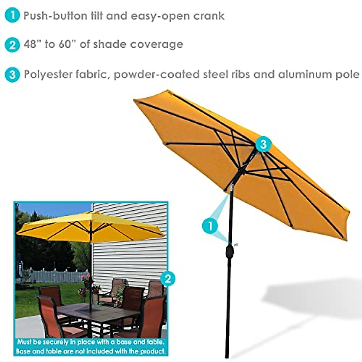 Sunnydaze 9-Foot Patio Umbrella - Push-Button Tilt and Crank Handle - Aluminum Pole and Polyester Shade Canopy - Gold