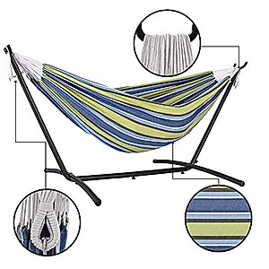 Prime Garden Cotton Rope Hammock with Space Saving Steel Hammock Stand, 2 Person Double Freestanding Hammock with Carry Bag for Outdoor Patio Yard Backyard 450 lb Capacity Oasis Stripe