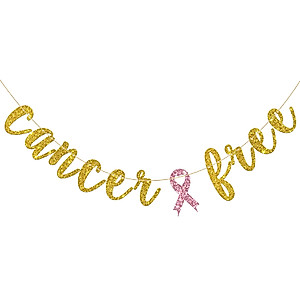 INNORU Cancer Free Banner, Cancer Surviving Party Decorations, Pink Ribbon Hope, Cancer Theme Party Decoration Gold Glitter