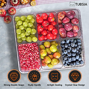 TUBSIA Large Divided Serving Container with Lid and Handle, Snack Organizer, 6 Removable Compartments - Veggie and Fruit Tray, Snack Box, Charcuterie Container