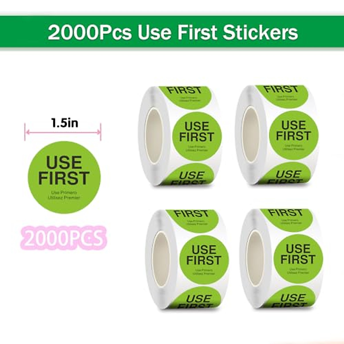 Zzunkn 2000 PCS Use First Stickers, 1.5 Inch Inventory Control Labels, Permanent Adhesive Restaurant Quality Food Labels Circle Label Dot Labels- 500 Stickers Per Roll (Green)