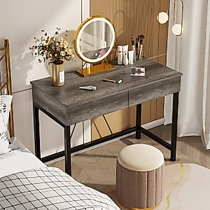 Mexin Small Desk with 2 Wooden Drawers, 40 Inch Home Office Writing Desk, Vanity Desk with Storage, Computer Desk for Bedroom Small Spaces, Desk Table for Office, Kids Study, Makeup, Grey Oak
