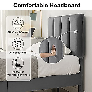 VECELO Twin Bed Frame with Upholstered Headboard, Platform Mattress Foundation with Strong Wooden Slats Support, No Boxing Spring Needed, Easy Assembly, Grey