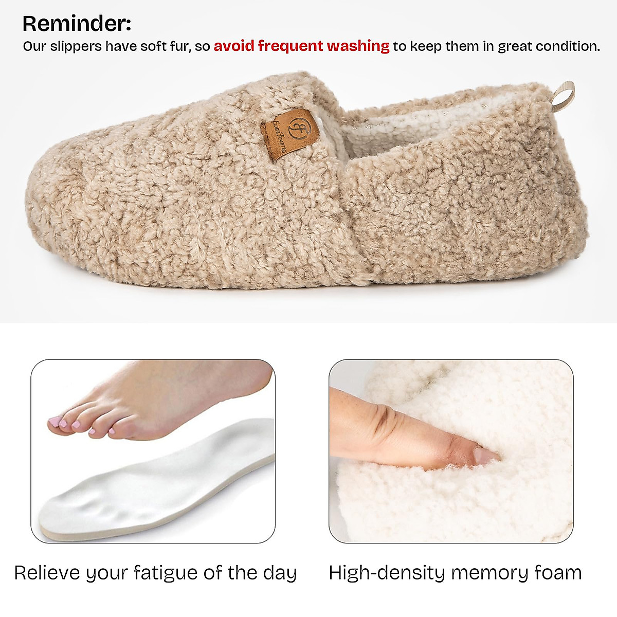 EverFoams Women’s Soft Curly Full Slippers Memory Foam Lightweight House Shoes Cozy Loafer with Polar Fleece Lining Khaki,7-8 US