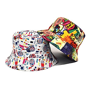 Funny Retro 80s 90s Graffiti Summer Unisex Print Reversible Bucket Hat,Fisherman Outdoor Travel Hiking Beach Cap