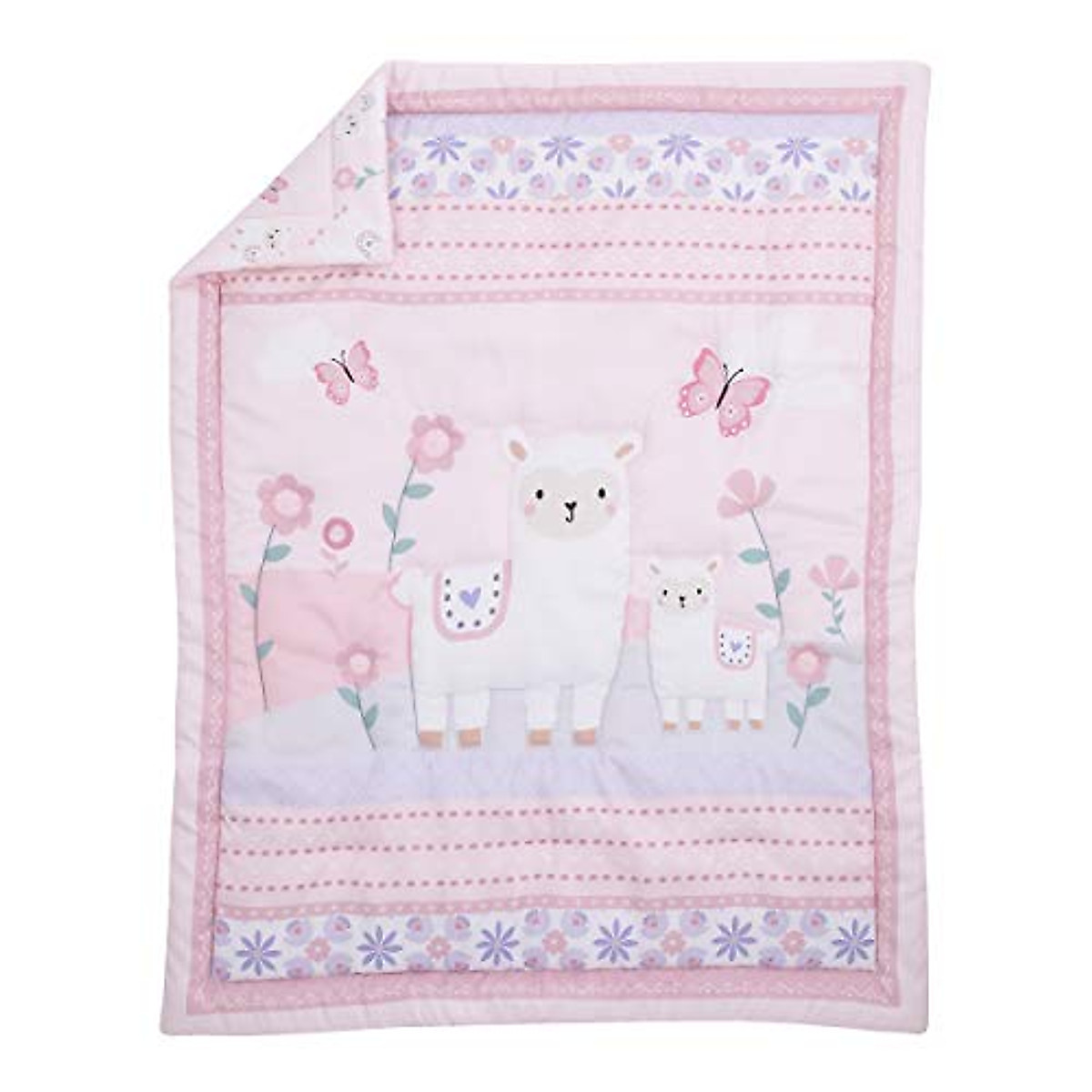 NoJo Little Love Sweet Llama & Butterflies Floral Pink & Purple 3Piece Crib Bedding Set - Comforter, Crib Sheet & Dust Ruffle, Pink, Ivory, Lavender, Light Green (6677276P)