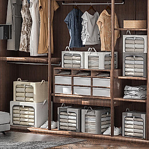 Clothes Storage Bins with Metal Frame-3 Pack Foldable Storage Organizer Bin for Clothes Linen Fabric Storage Box with Lid ＆Clear Window (Light Grey, 15.7x11.8x7.8inch(22L))