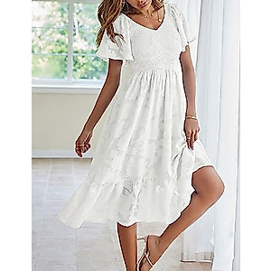 MEROKEETY Womens 2023 Summer V Neck Ruffle Sleeve Floral Dress Lace Flowy Smocked Midi Dresses,White,S