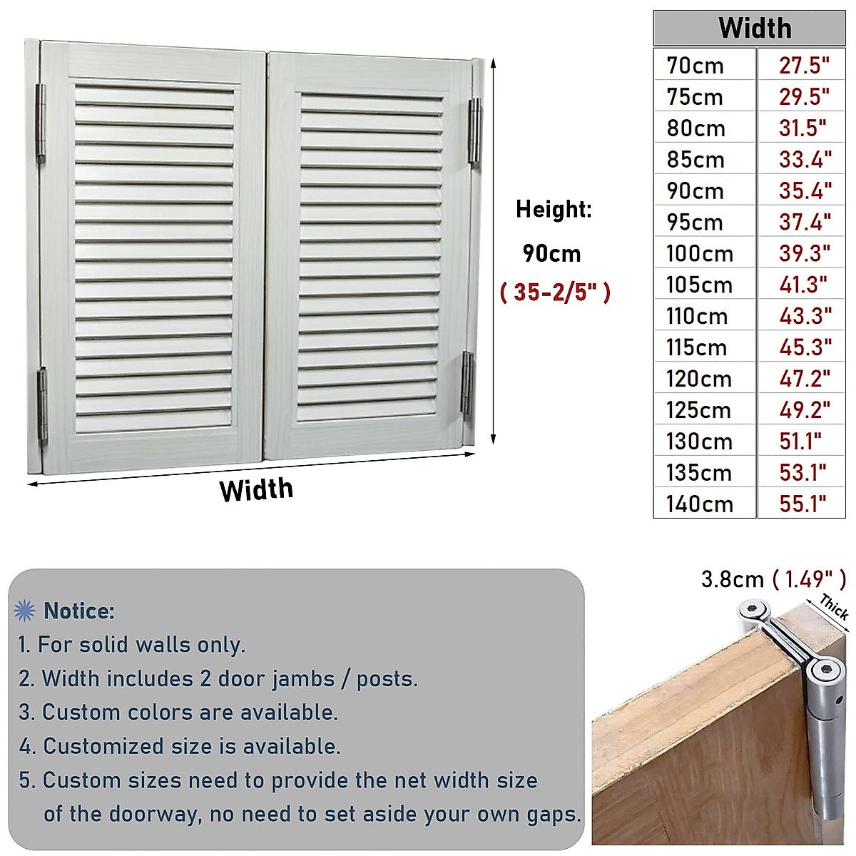 LXLZYXSF Wood Cowboy Doors Louvered White Swinging Doors for Nursery Hallway Entrance Restaurant, Half-Waist Door with Auto-Close Hinges, Fence Gate (Size : W85cmxH90cm/33.4" x35.4)