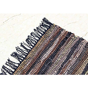 COTTON CRAFT Leather Chindi Area Rug - Boho Farmhouse Rustic Accent Rug - Handwoven Reversible Natural Recycled Leather Throw Rug - Entryway Living Room Dorm Study Gift - 24 x 36 Inch - Tan Multicolor