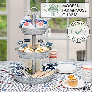 Ilyapa Galvanized Three Tiered Serving Stand - 3 Tier Metal Tray Platter for Cake, Dessert, Appetizers & More