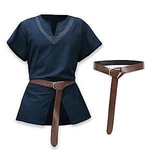 FURPHI US Size Medieval Linen Tunic with Belt for Men Medieval Shirt Knight Ren Faire Costume
