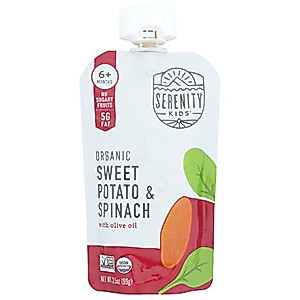 Serenity Kids 6+ Months USDA Organic Veggie Puree Baby Food Pouches | No Sugary Fruits or Added Sugar | Allergen Free | 3.5 Ounce BPA-Free Pouch | Sweet Potato & Spinach | 1 Count