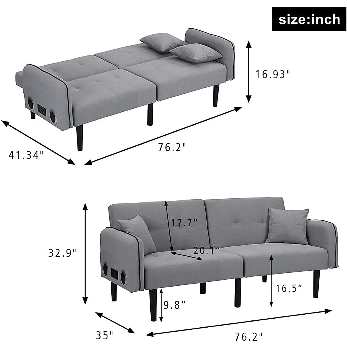 MWrouqfur 76" Convertible Folding Futon Sofa Bed with Bluetooth Speaker,Modern Linen Fabric Upholstered Sleeper Couch Bed,Recliner Loveseat with Armrest and 2 Pillows for Living Room,Bedroom,Office