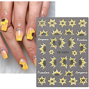 5D Engraved Sunflower Nail Art Stickers Decals Yellow Lotus Flower Acrylic Embossed Sliders Nail Art Supplies Summer Nail Stickers Manicure Decoration for Women Girls Nails Painting Charms Accessories