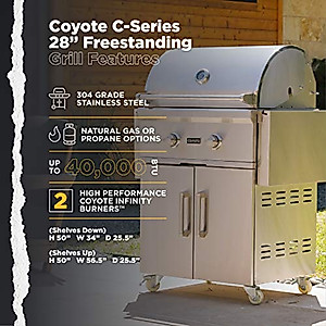 Coyote C-Series 28-in. Propane Gas Grill, 2-Burner Freestanding Grill, 40,000 BTUs  - C1C28LP-FS