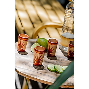 MEXTEQUIL - Tequila Shot Glasses - Set of 4 Terracotta Mexican Shot Glasses - 2 Oz - Natural & Colorful Clay - Barro Canelo & Capulineado - Handcrafted Hand-painted (Agave)