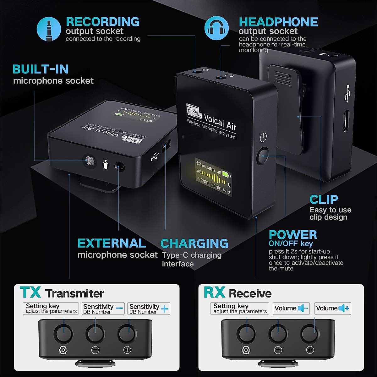 PIXEL UHF Wireless Lavalier Microphone System with 1 Receiver, 2 Transmitters, and 2 Lapel Microphones Compatible with Camera,Smartphones,DSLR,and Video Cameras,Mobile Devices YouTube Facebook Live