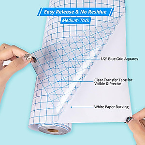 JANDJPACKAGING Transfer Tape for Vinyl - 12” x 50 FT w/Blue Alignment Grid for Adhesive Vinyl - Medium Tack Vinyl Transfer Tape for Silhouette Cameo